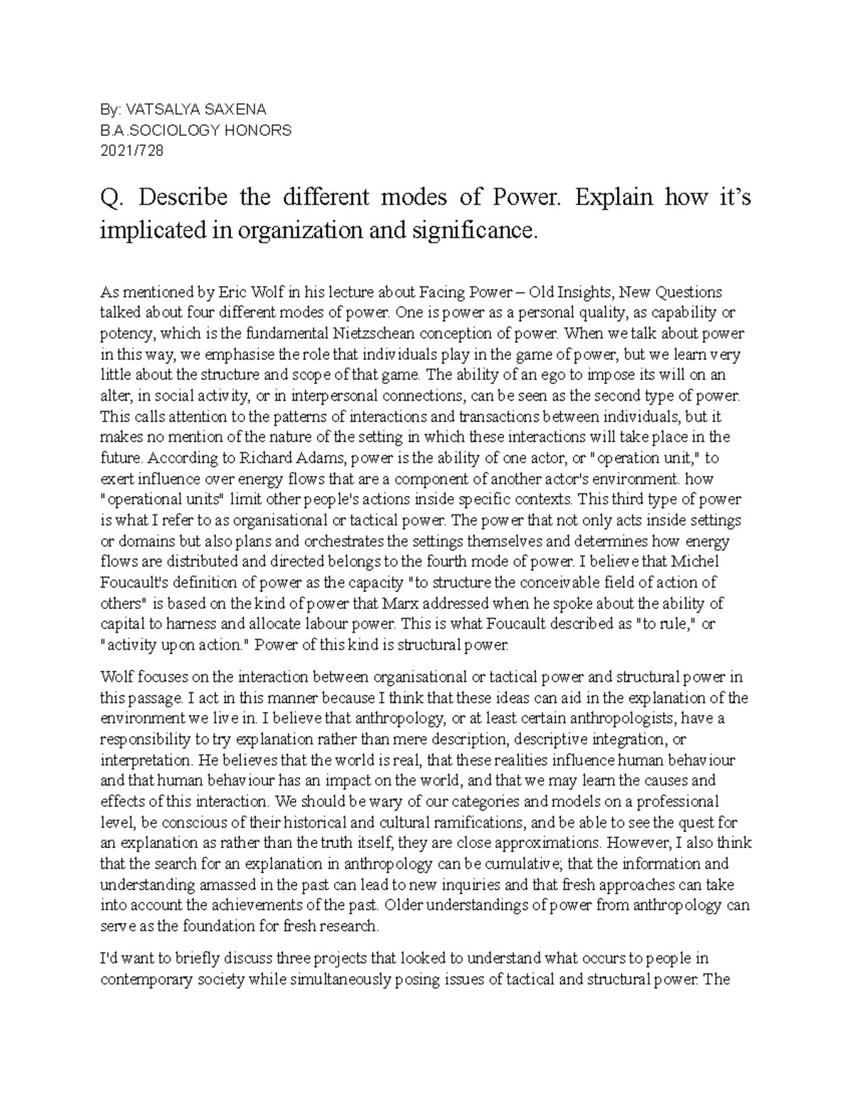 Political Sociology Assignment 01 - By: VATSALYA SAXENA B.A HONORS 2021 ...