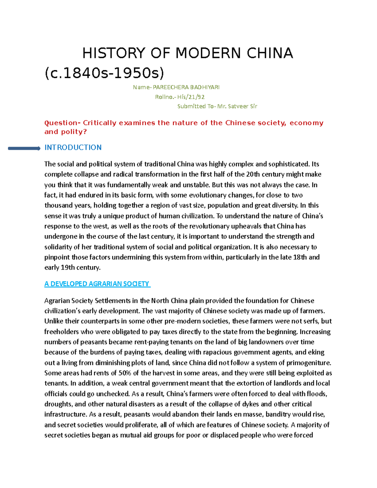 History OF Modern China - HISTORY OF MODERN CHINA (c-1950s) Name ...