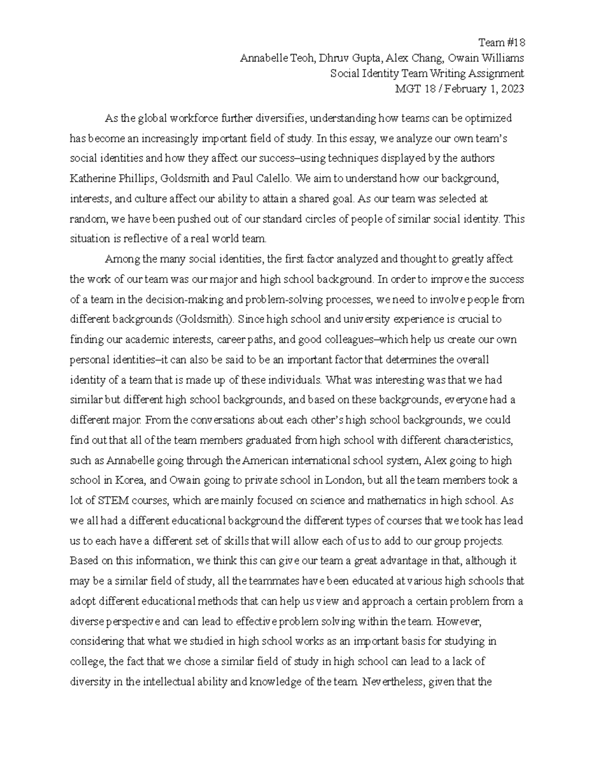 MGT 18 Group Essay - Team # Annabelle Teoh, Dhruv Gupta, Alex Chang ...