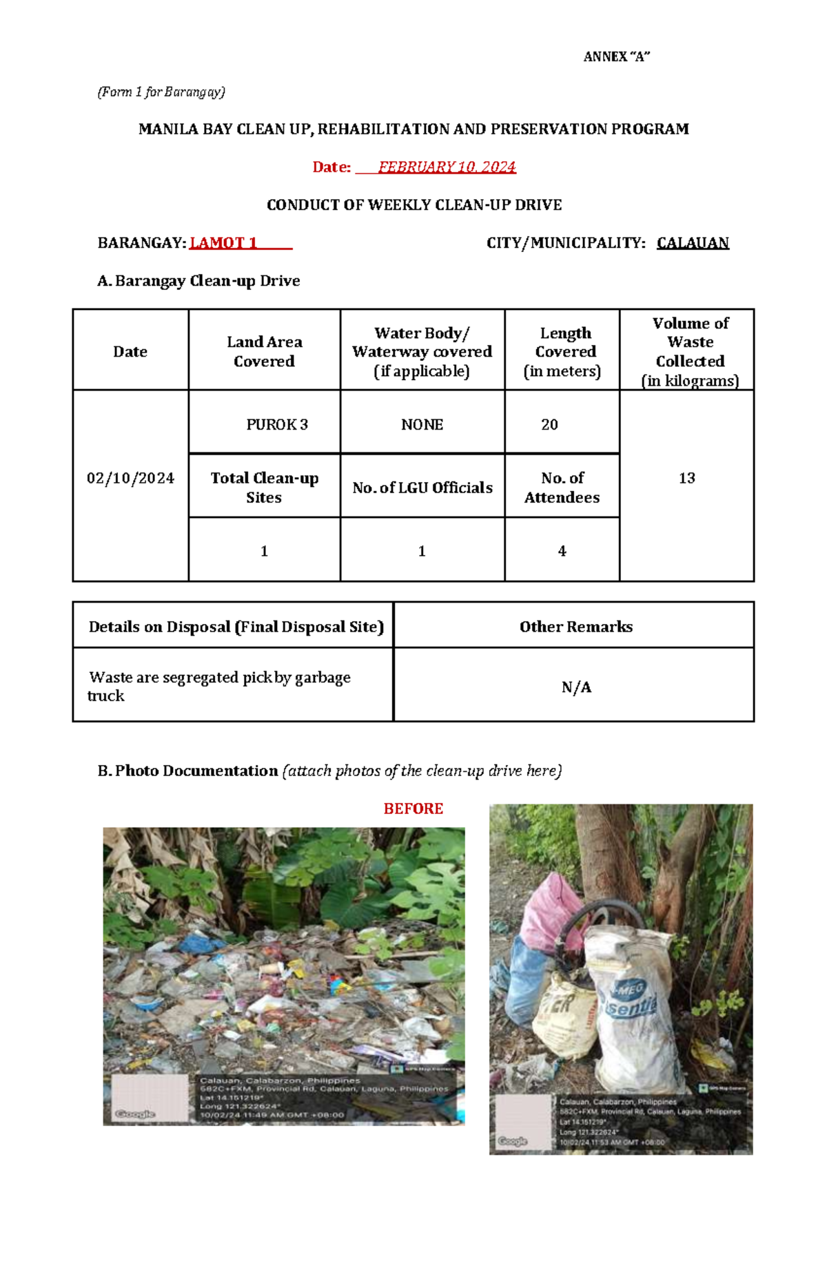 Calauan Lamot 1 Weekly- Clean-UP- Report 02102024 - ANNEX “A” (Form 1 ...