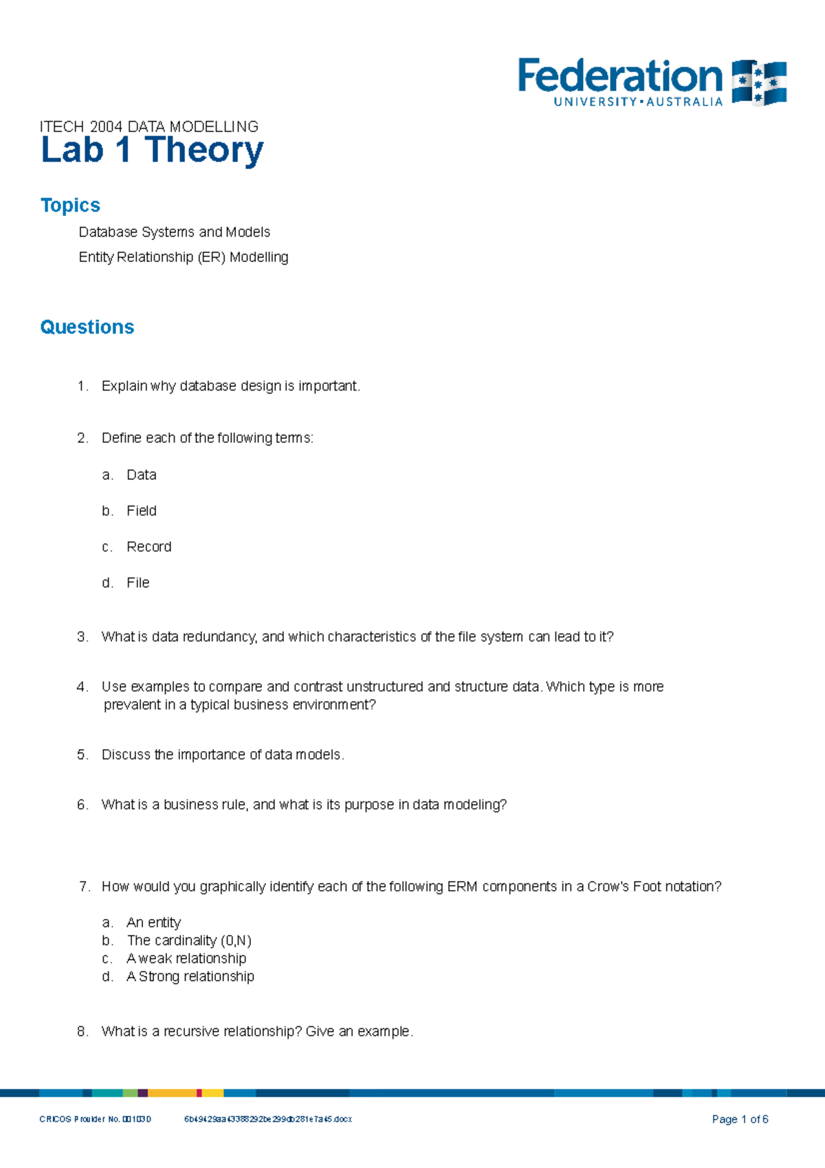 Itech2004 Lab1 Theory Exercises Itech 2004 Data Modelling Lab 1 Theory Topics Database Systems 