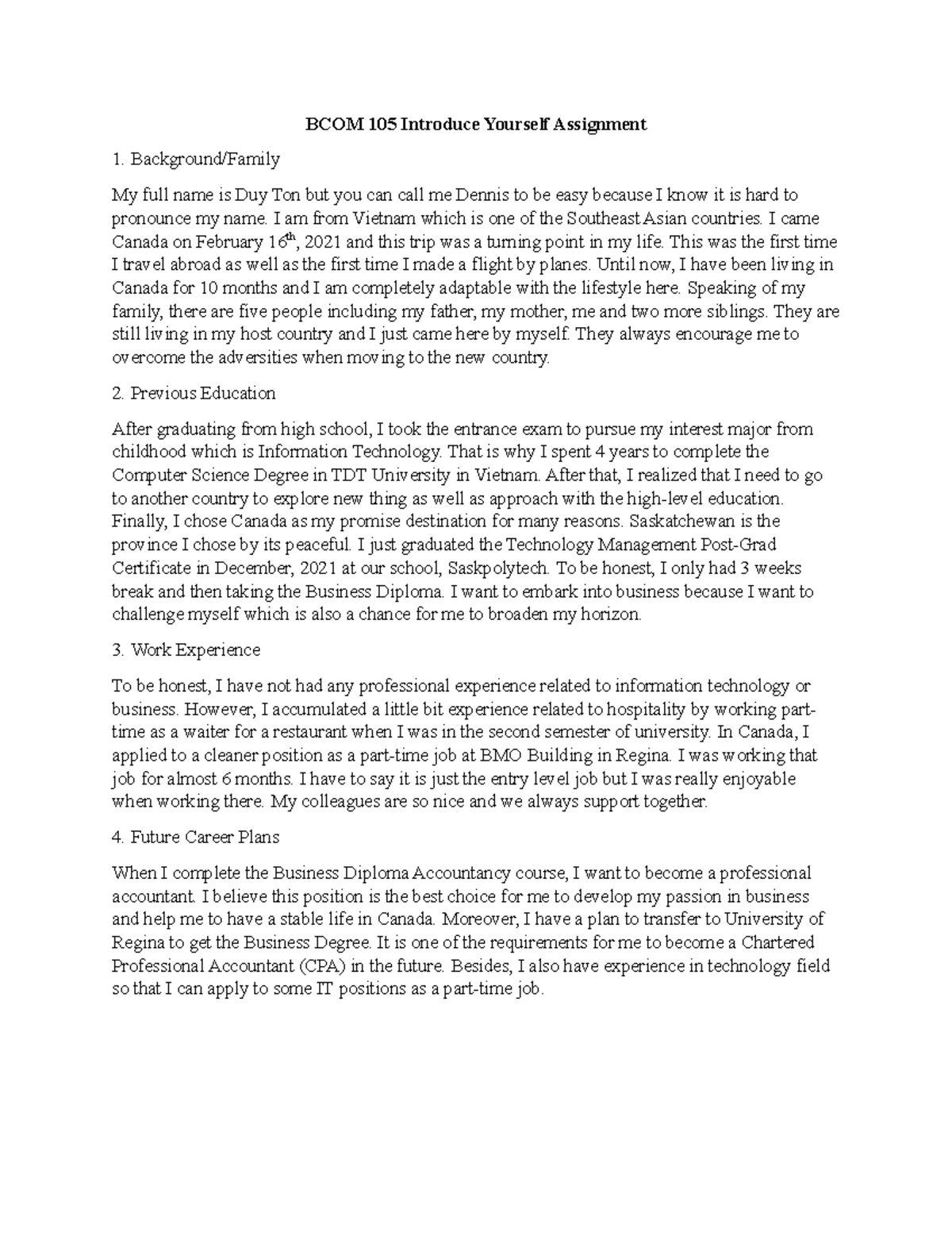BCOM105 Assignment - Introduction Yourself Assignment - BCOM 105 ...