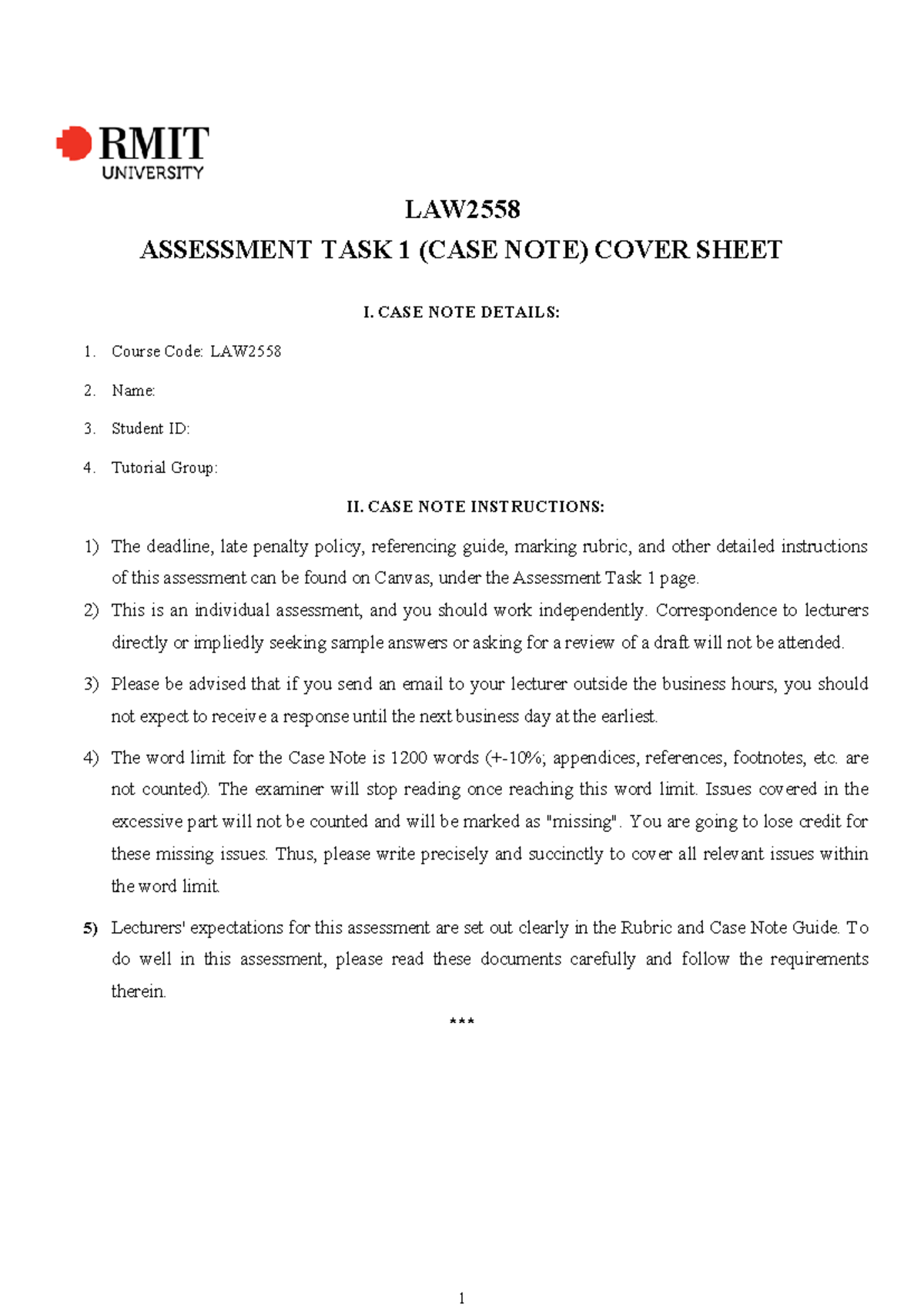 LAW2558 - Task 1 Question - Copy - LAW ASSESSMENT TASK 1 (CASE NOTE ...