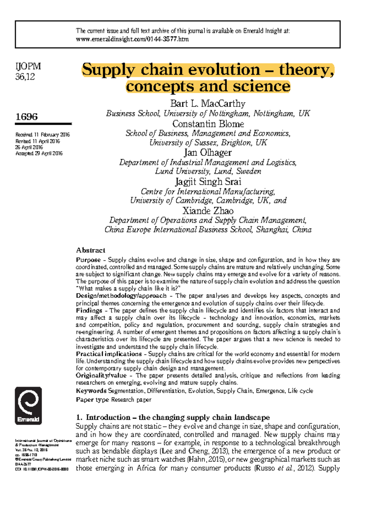 1 Supply Chain Evolution Theory Concepts and Science - Supply chain evolution – theory, concepts ...