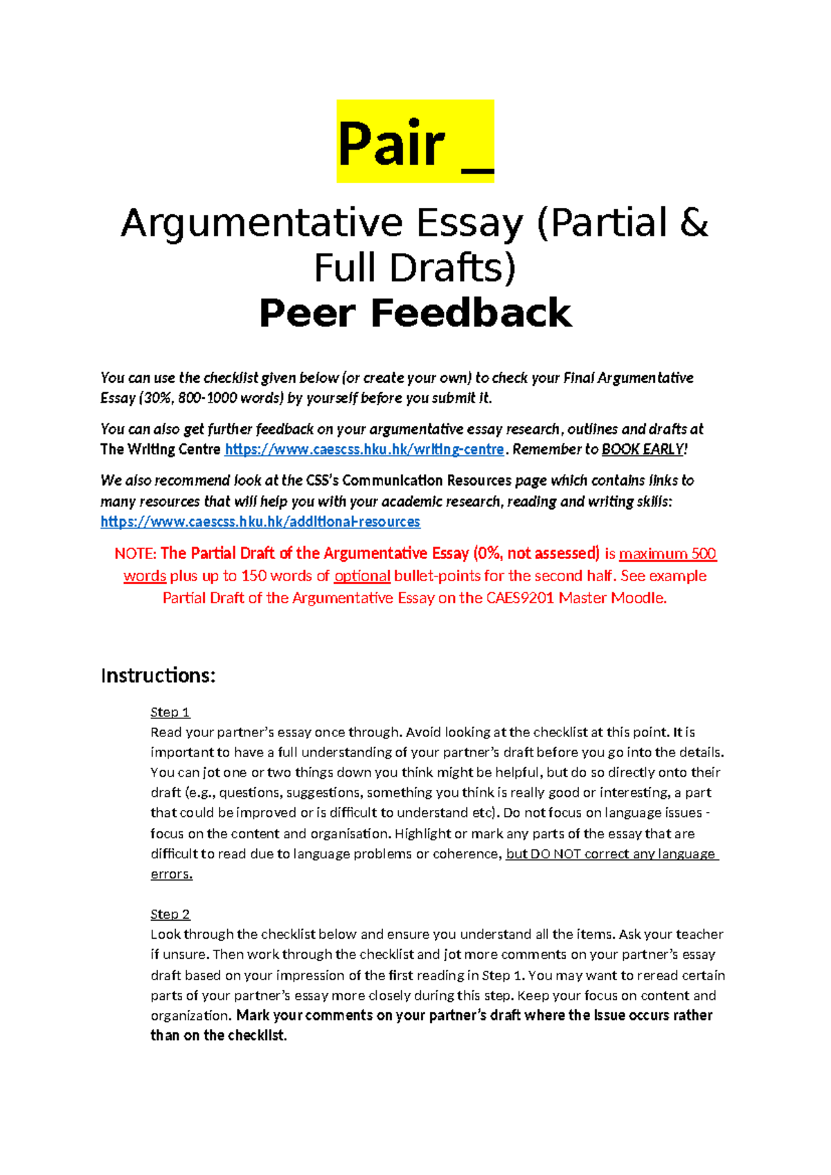920x PAIR Assessment Argumentative Essay Peer Feedback 2024-25 - Pair ...