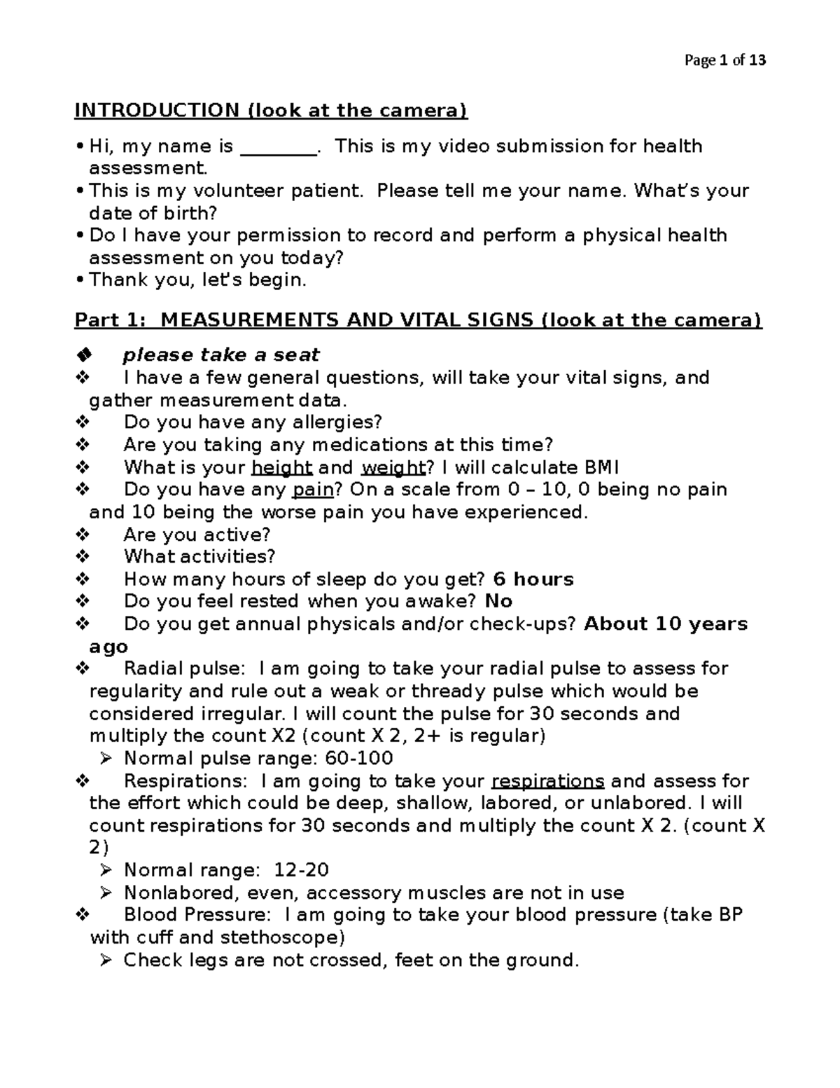 D222 MY Health Assessment - INTRODUCTION (look at the camera) Hi, my name is ________. This is ...