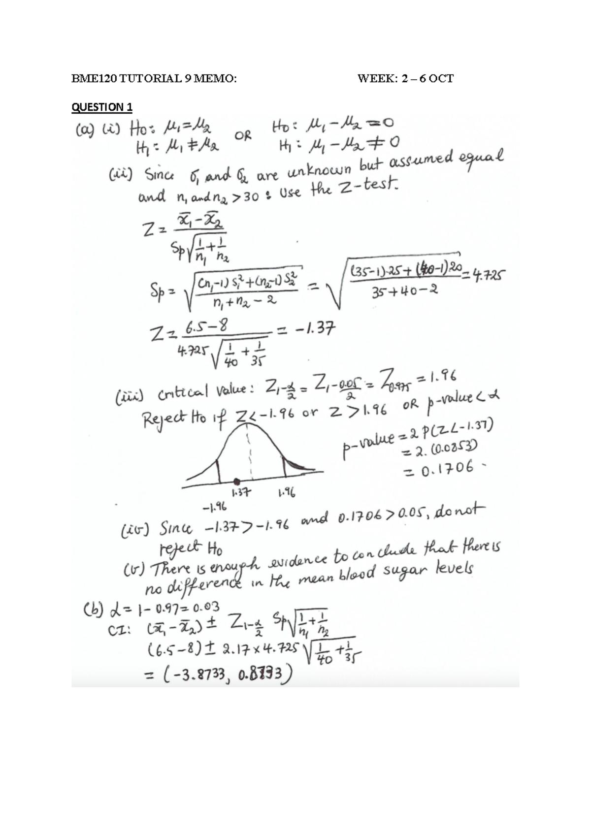 BME120 Tutorial 9 MEMO - BME120 TUTORIAL 9 MEMO: WEEK: 2 – 6 OCT QUESTION 1 QUESTION 2 QUESTION ...