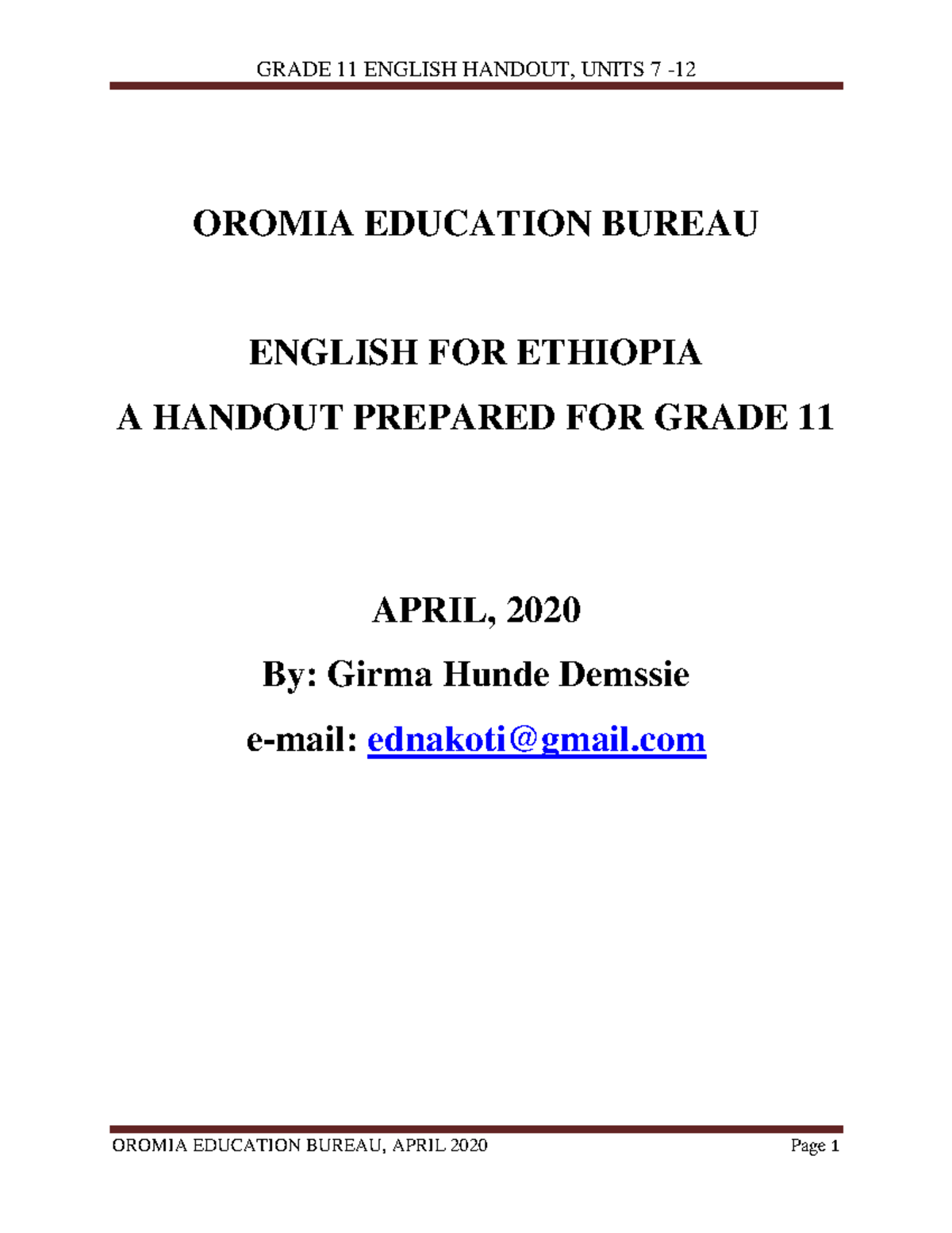 11ffaa English - OROMIA EDUCATION BUREAU ENGLISH FOR ETHIOPIA A HANDOUT ...