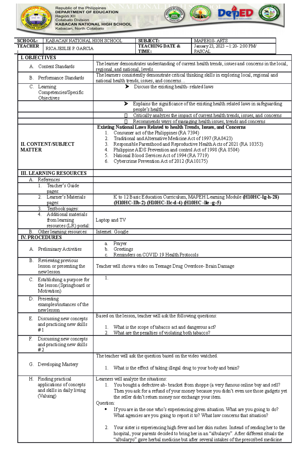 Health - jan - lesson plan - I. OBJECTIVES A. Content Standards The ...
