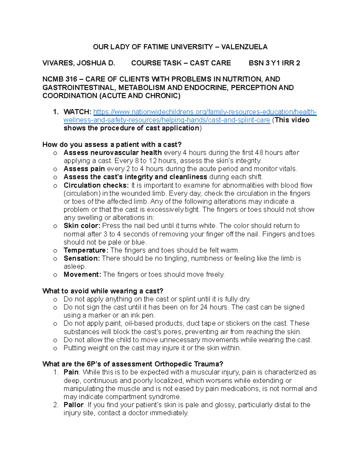 Course TASK CAST CARE BSN 3 Y1 IRR2 NCMB 316 - OUR LADY OF FATIME ...