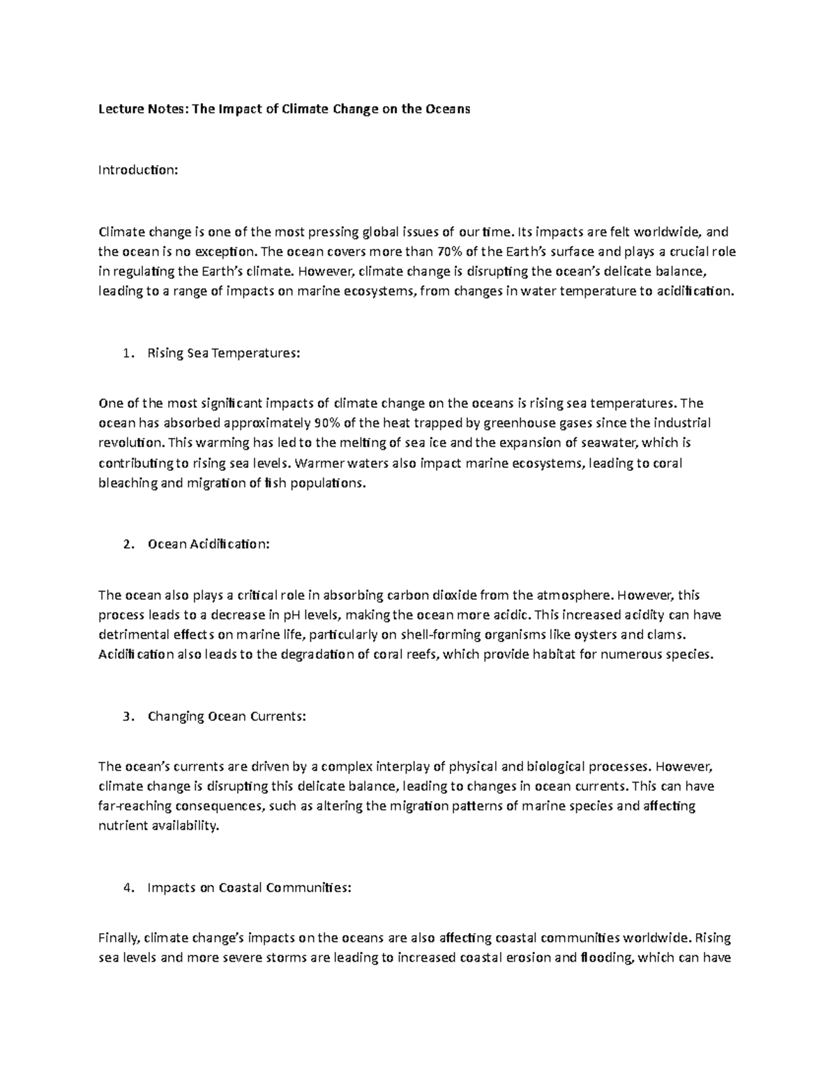 Lecture Notes: The Impact of Climate Change on the Oceans - Lecture ...