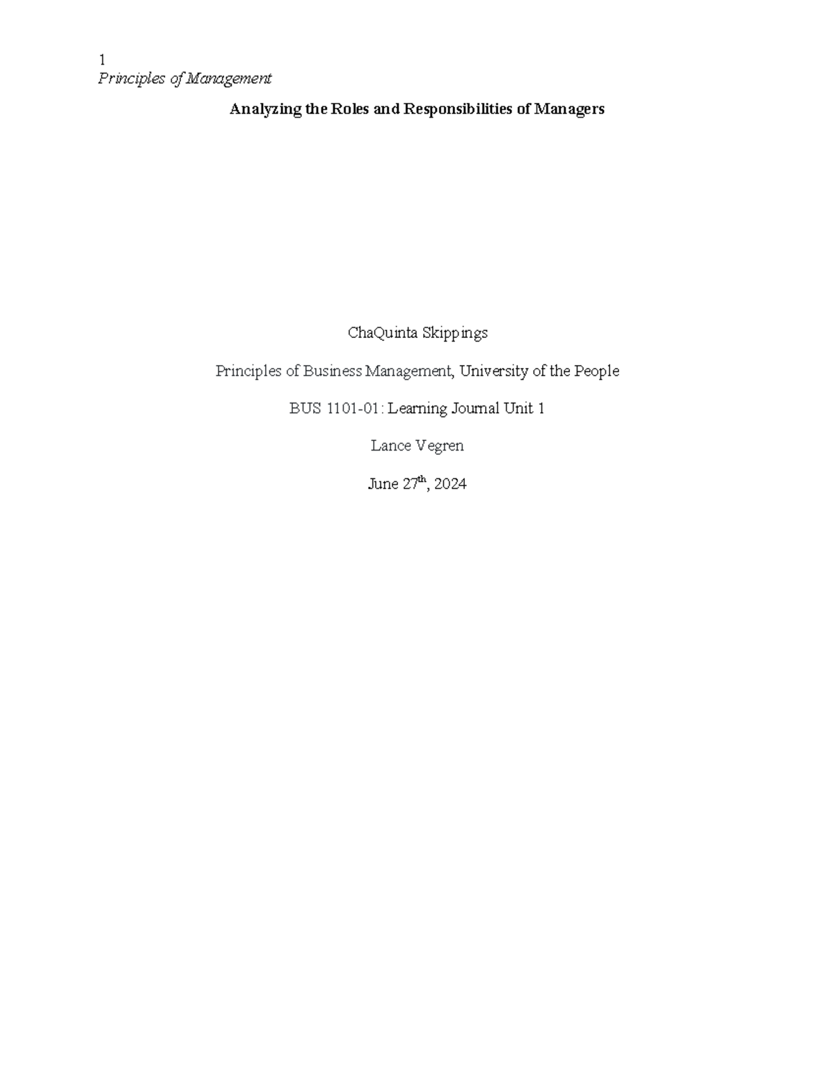 Manager Roles Analysis - Learning Journal Unit 1 - Principles of ...