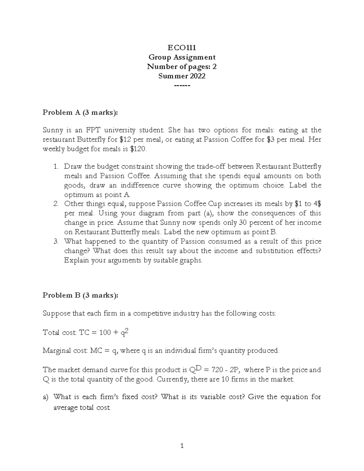 ECO111 GA - 1 ECO Group Assignment Number of pages: 2 Summer 2022 ...