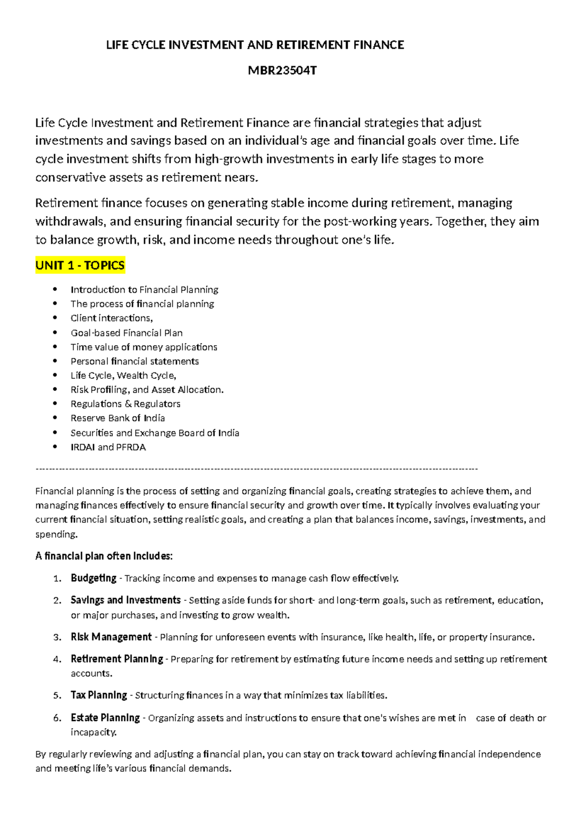 II MBA FS V SEM Life Cycle Investment - LIFE CYCLE INVESTMENT AND ...
