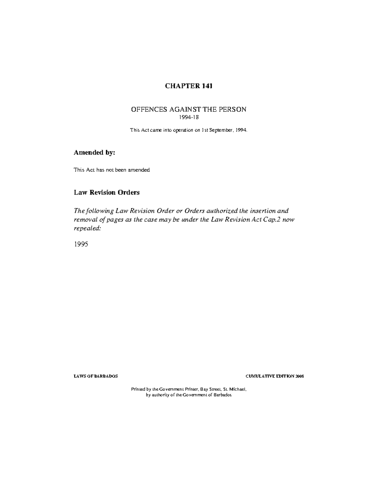 Offences Against The Person Act bdos - CHAPTER 141 OFFENCES AGAINST THE ...