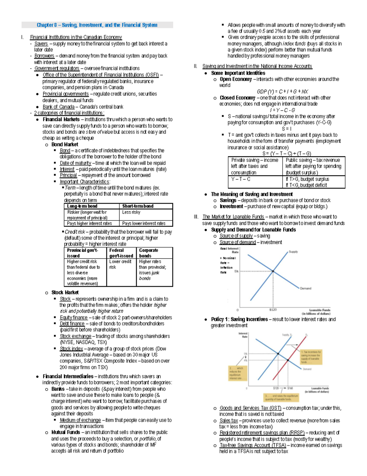 ECON 2200 Notes for Test 2 - Chapter 8 – Saving, Investment, and the ...