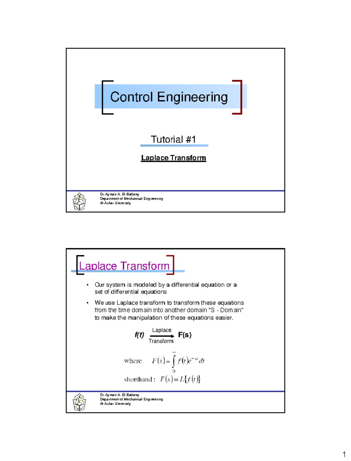 Control tutorial 1 - lablace - Control Engineering Tutorial Laplace ...