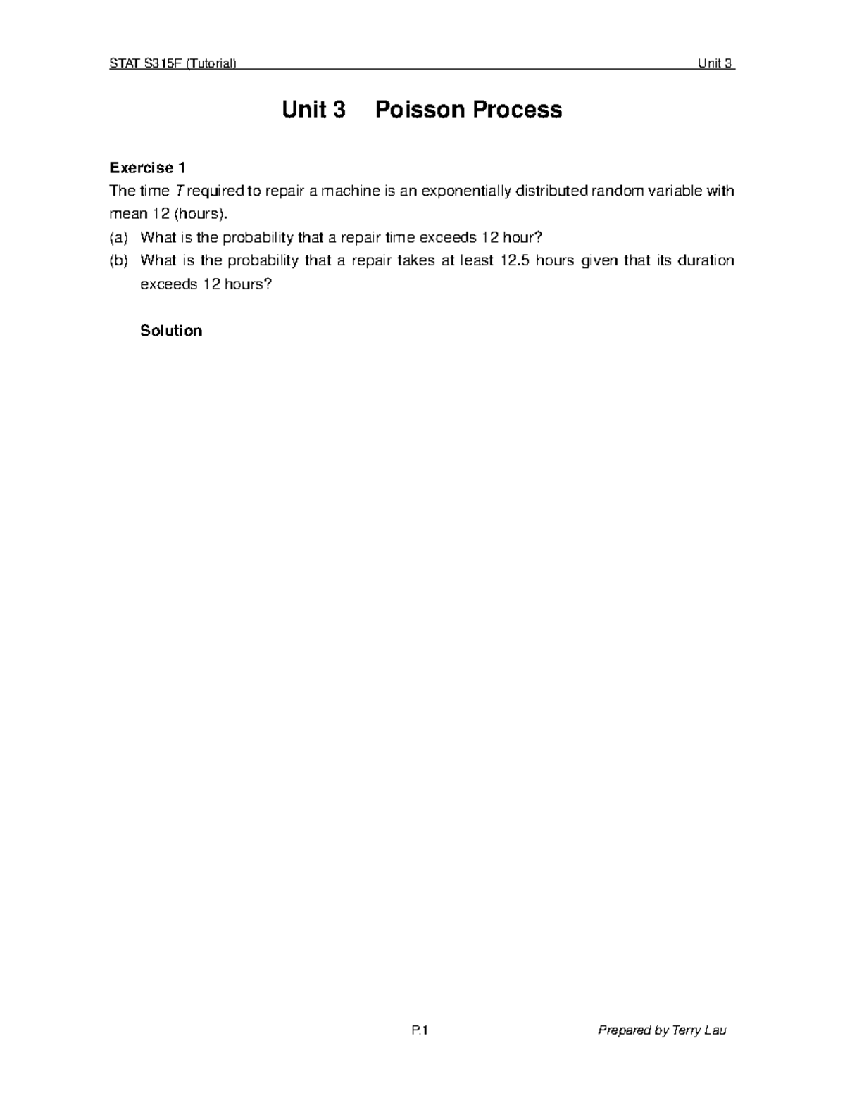 Unit 3 (Tutorial) - By Mr Terry Lau - Unit 3 Poisson Process Exercise 1 ...