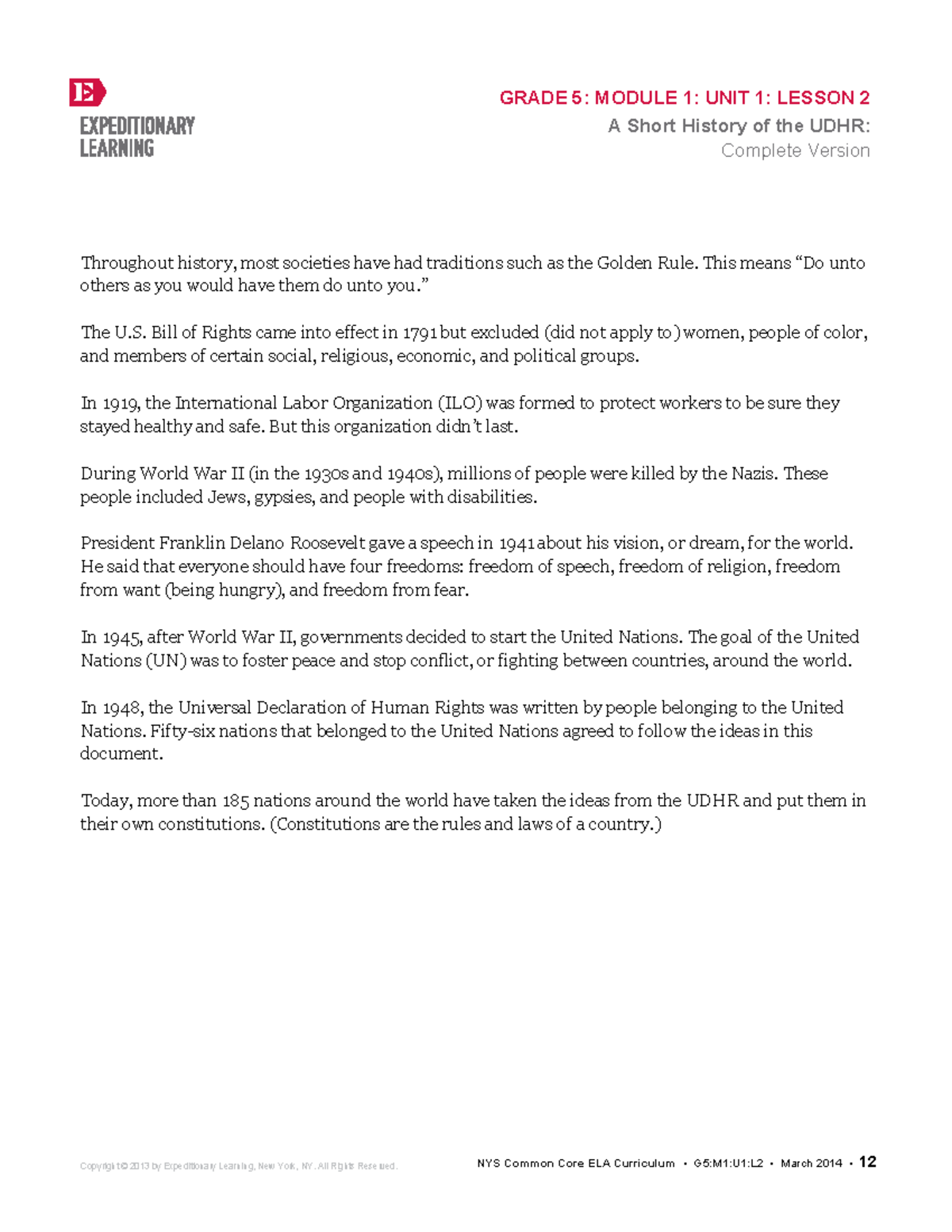 A Short History of the UDHR - GRADE 5 : MODULE 1: UNIT 1 : LESSON 2 A ...
