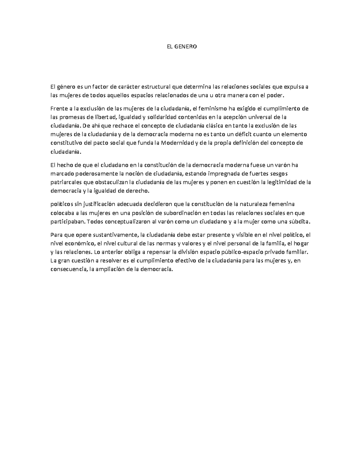 Sociologia - Apuntes 9 - EL GENERO El género es un factor de carácter ...