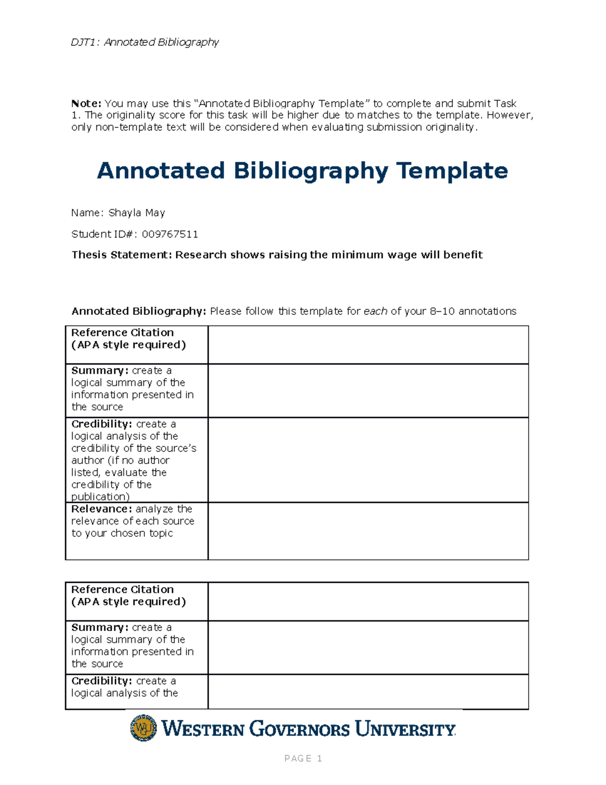 Annotated Bibliography Template - The originality score for this task ...