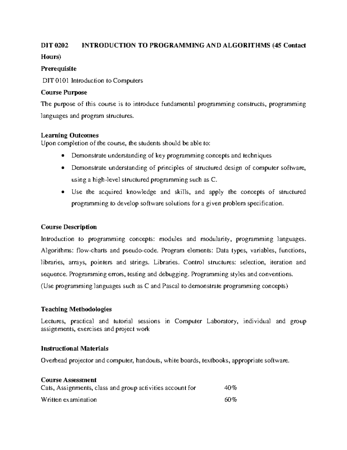 1 PROG & Algorithms Course Outline - DIT 0202 INTRODUCTION TO PROGRAMMING AND ALGORITHMS (45 ...