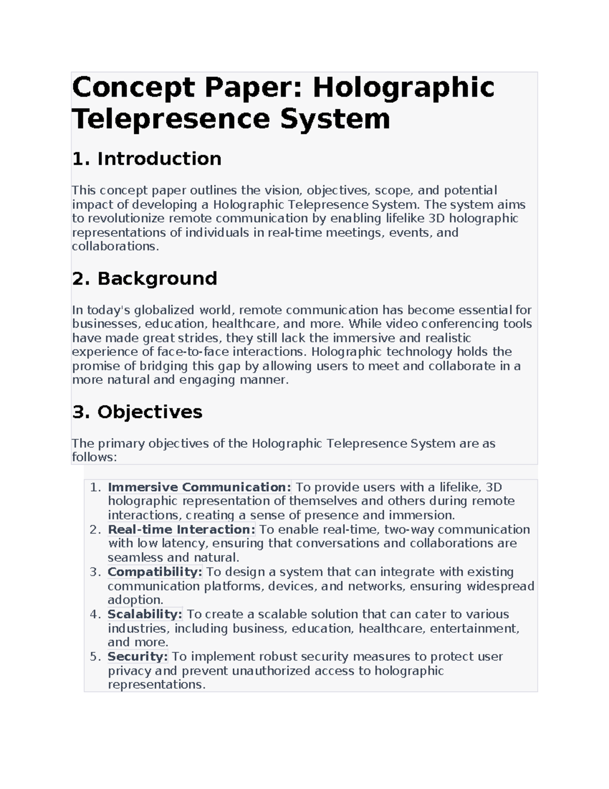 Concept Paper - NONE - Concept Paper: Holographic Telepresence System 1 ...