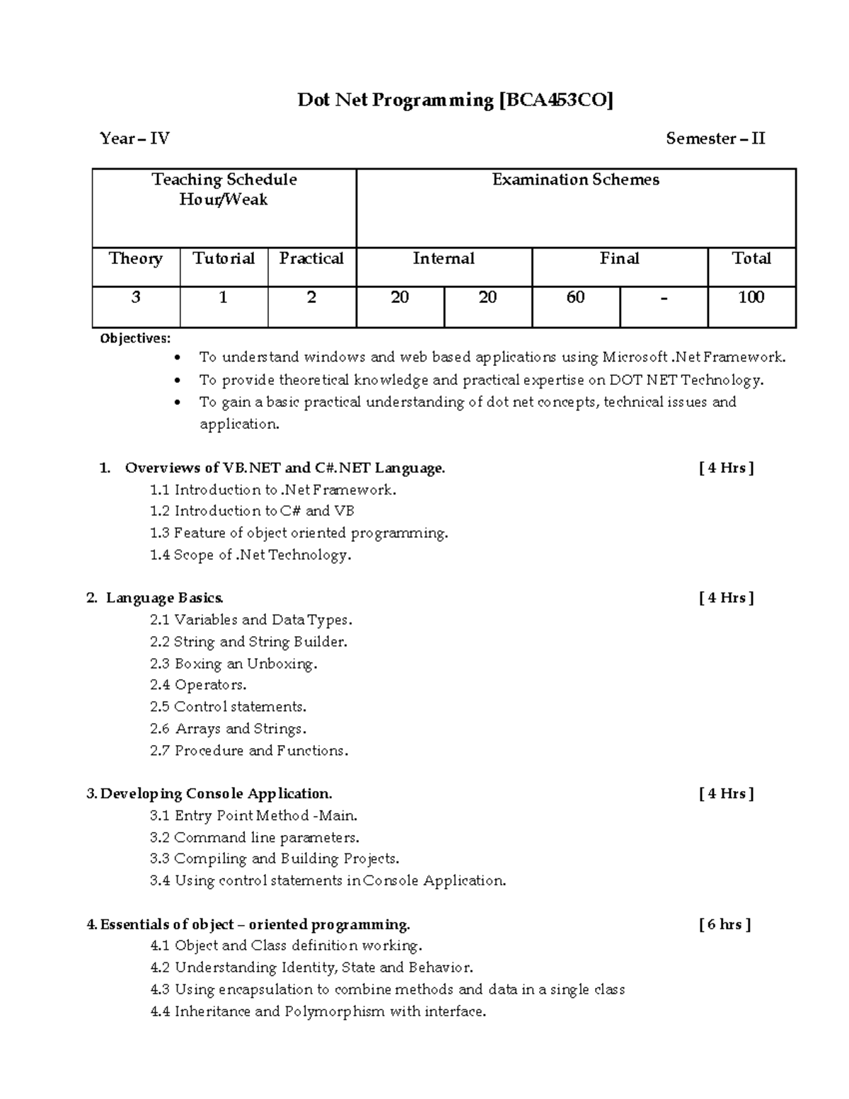3. Dot Net Programming - Syllabus - Dot Net Programming [BCA453CO] Year – IV Semester – II ...