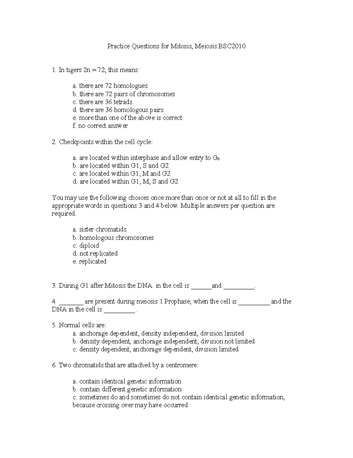 Practice Questions for Mitosis and Meiosis - Practice Questions for ...