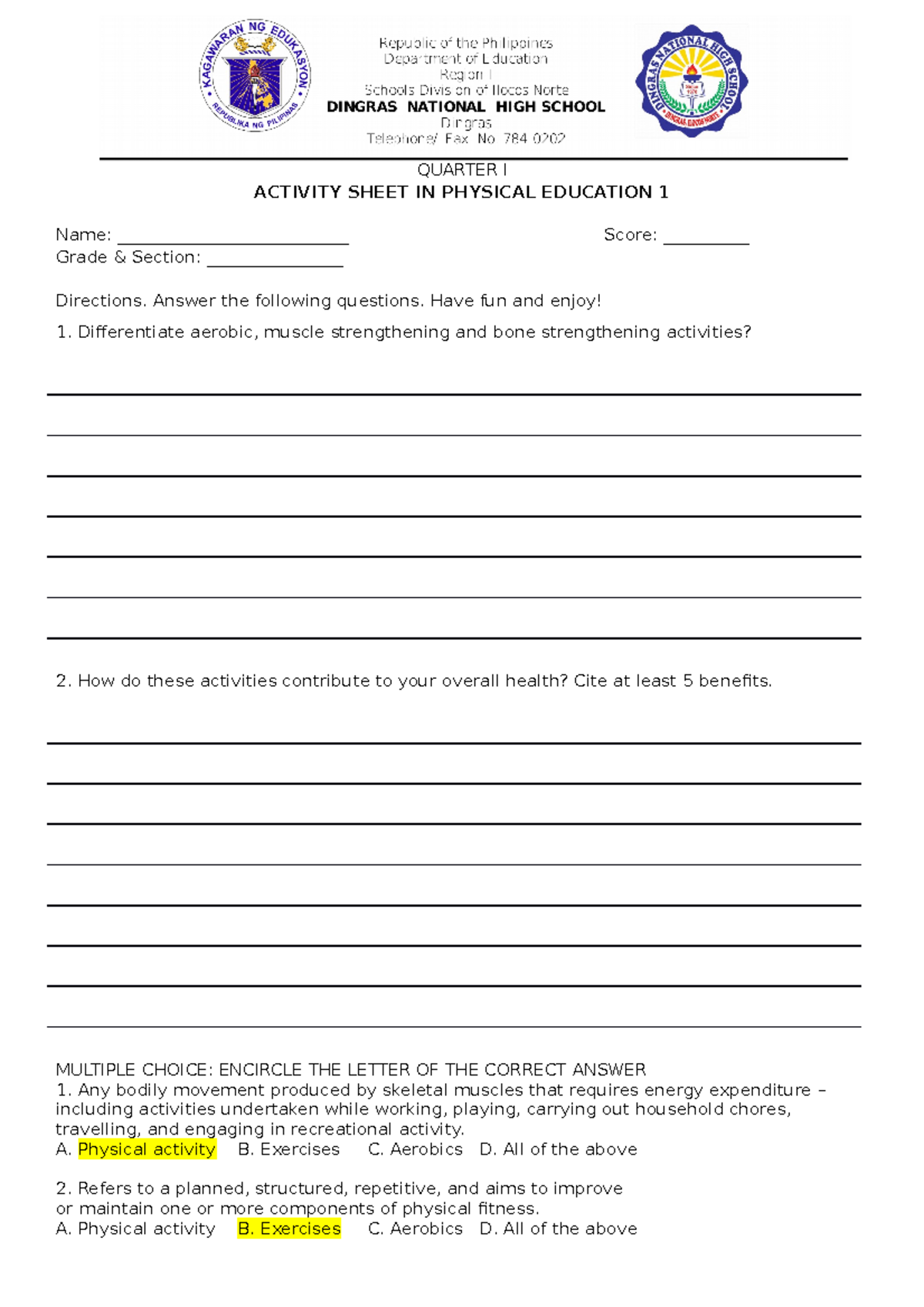 Activity-Sheets 1 peh1 - QUARTER I ACTIVITY SHEET IN PHYSICAL EDUCATION ...