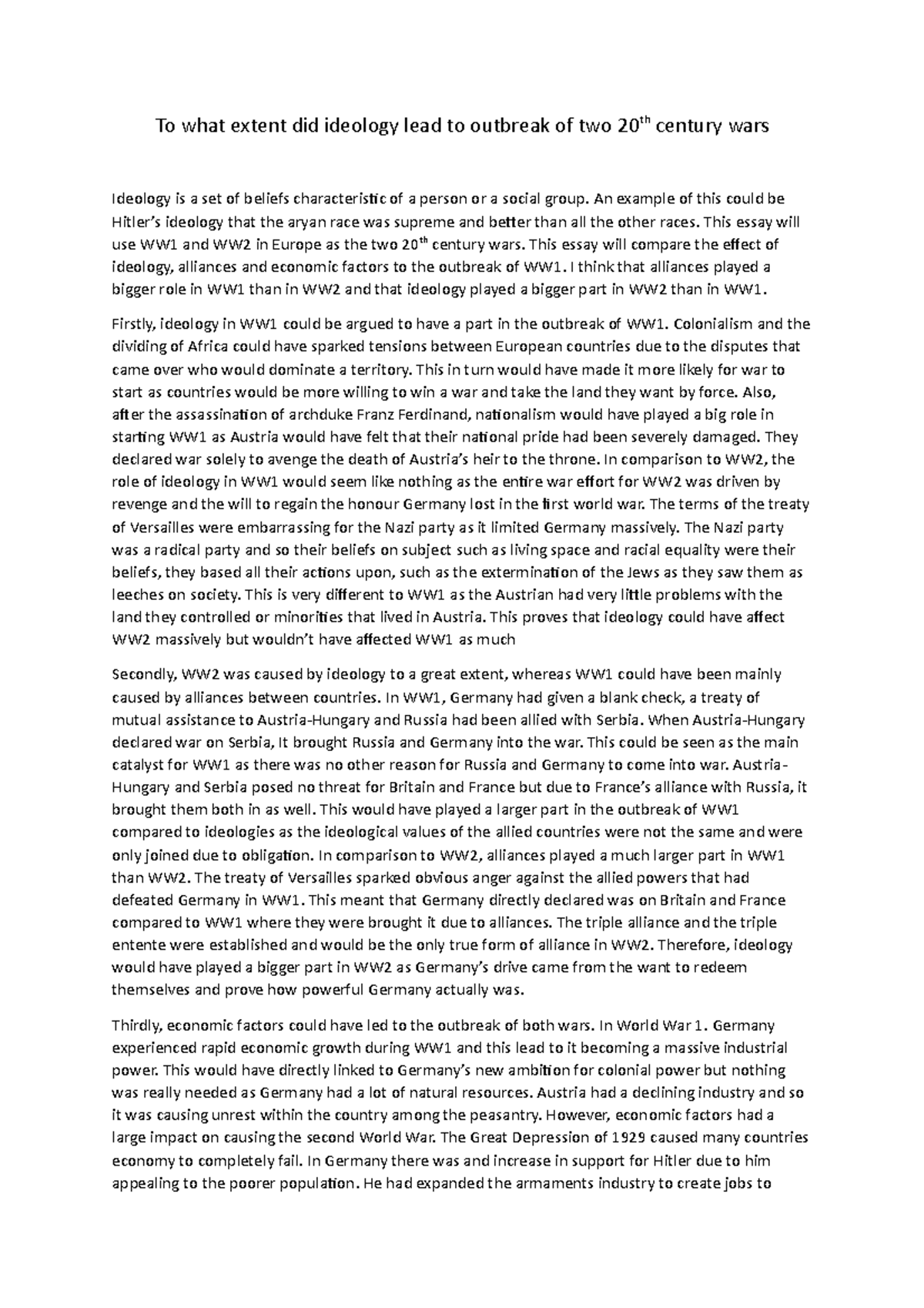 To what extent did ideology lead to outbreak of two 20th century wars ...