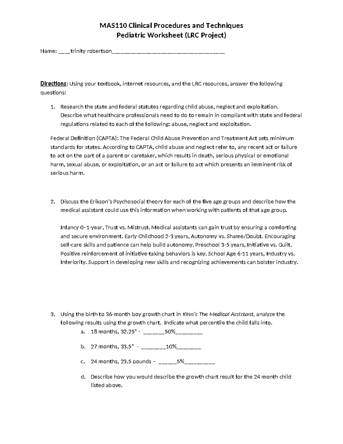MAS110 Week 5 Pediatric Worksheet - MAS110 Clinical Procedures and ...