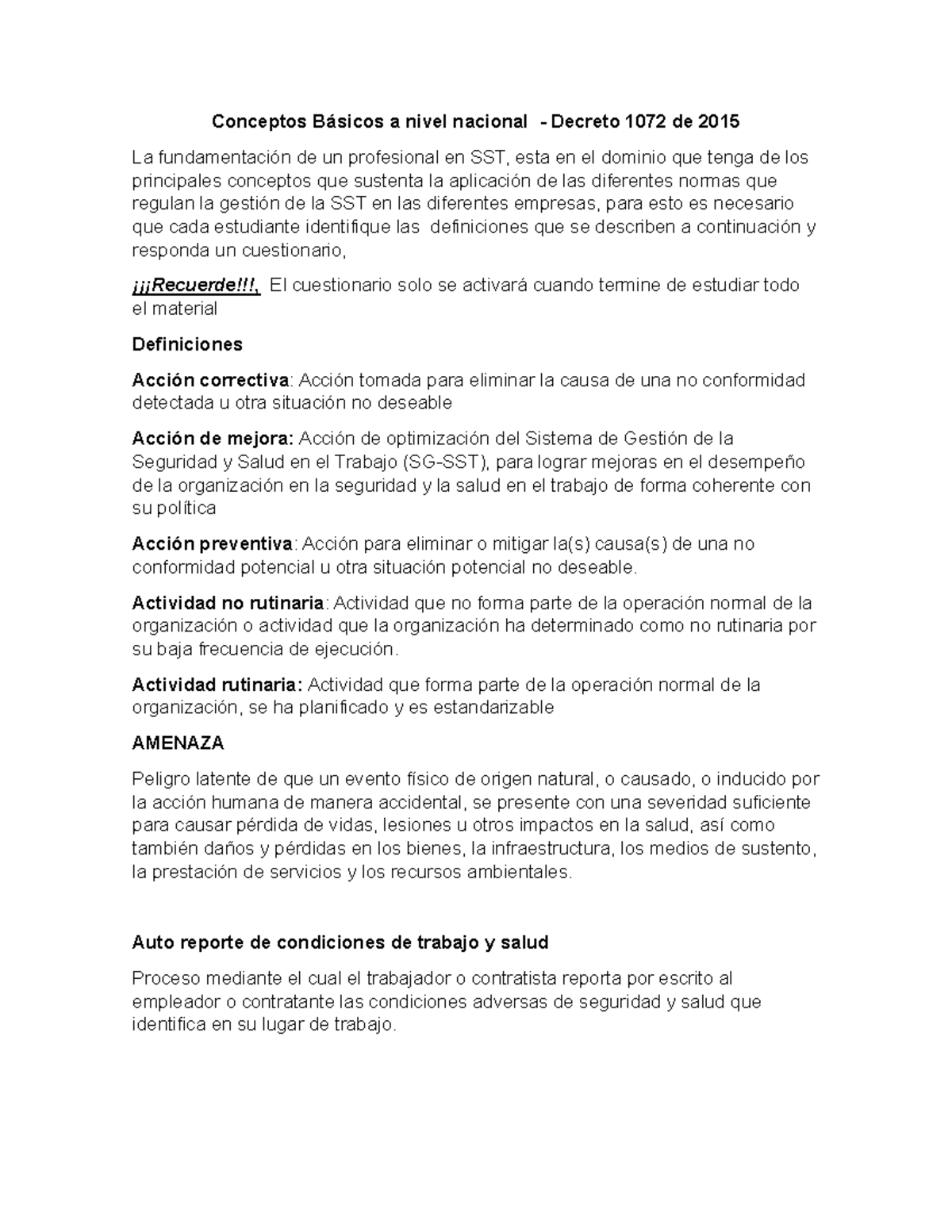 Conceptos Básicos SST - Conceptos Básicos a nivel nacional - Decreto 1072 de 2015 La ...