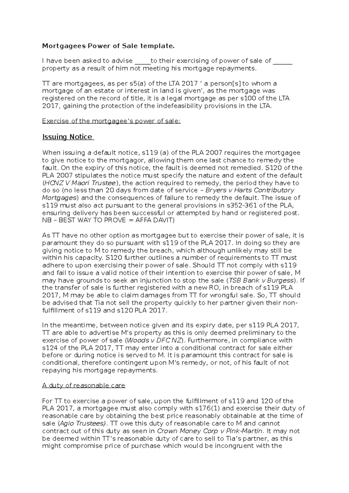 Mortgagees power of sale template for exam - Land Law - UCNZ - Studocu
