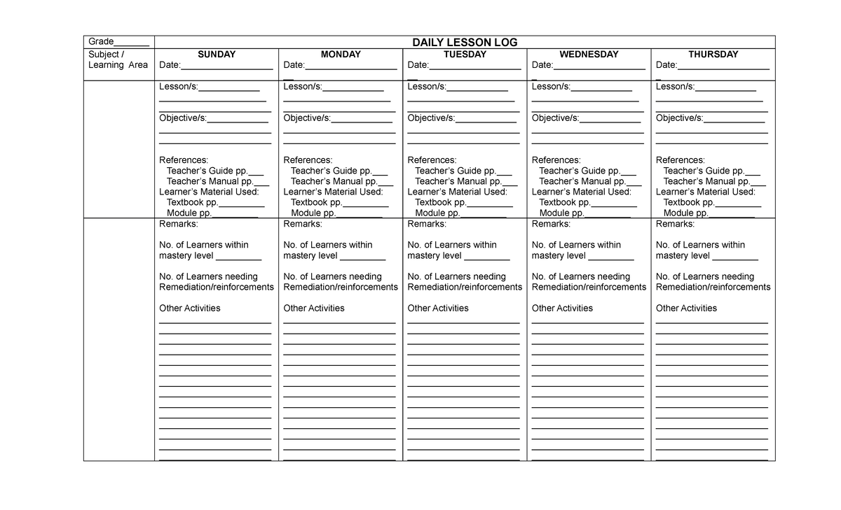 Daily lesson log 2 - Grade_______ DAILY LESSON LOG Subject / Learning ...