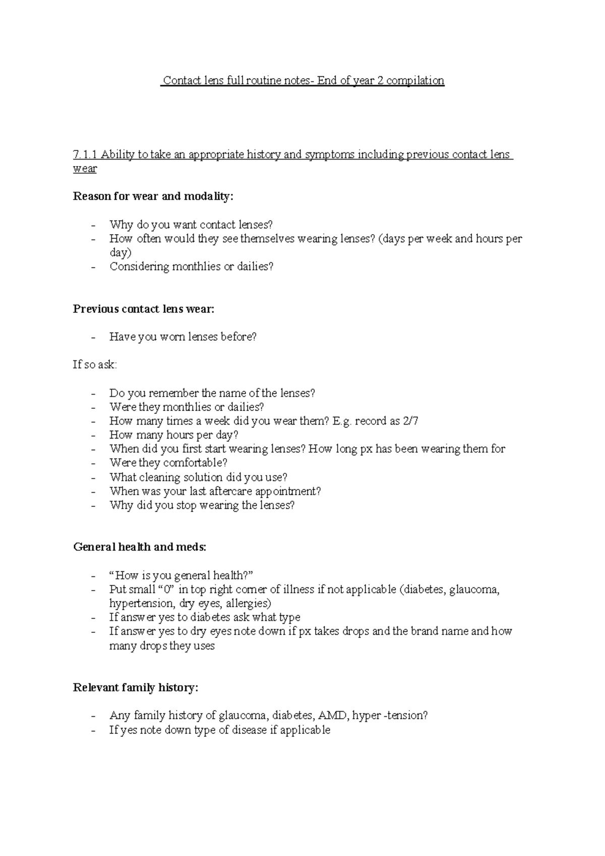 Contact lens full routine assessment notes - Contact lens full routine ...
