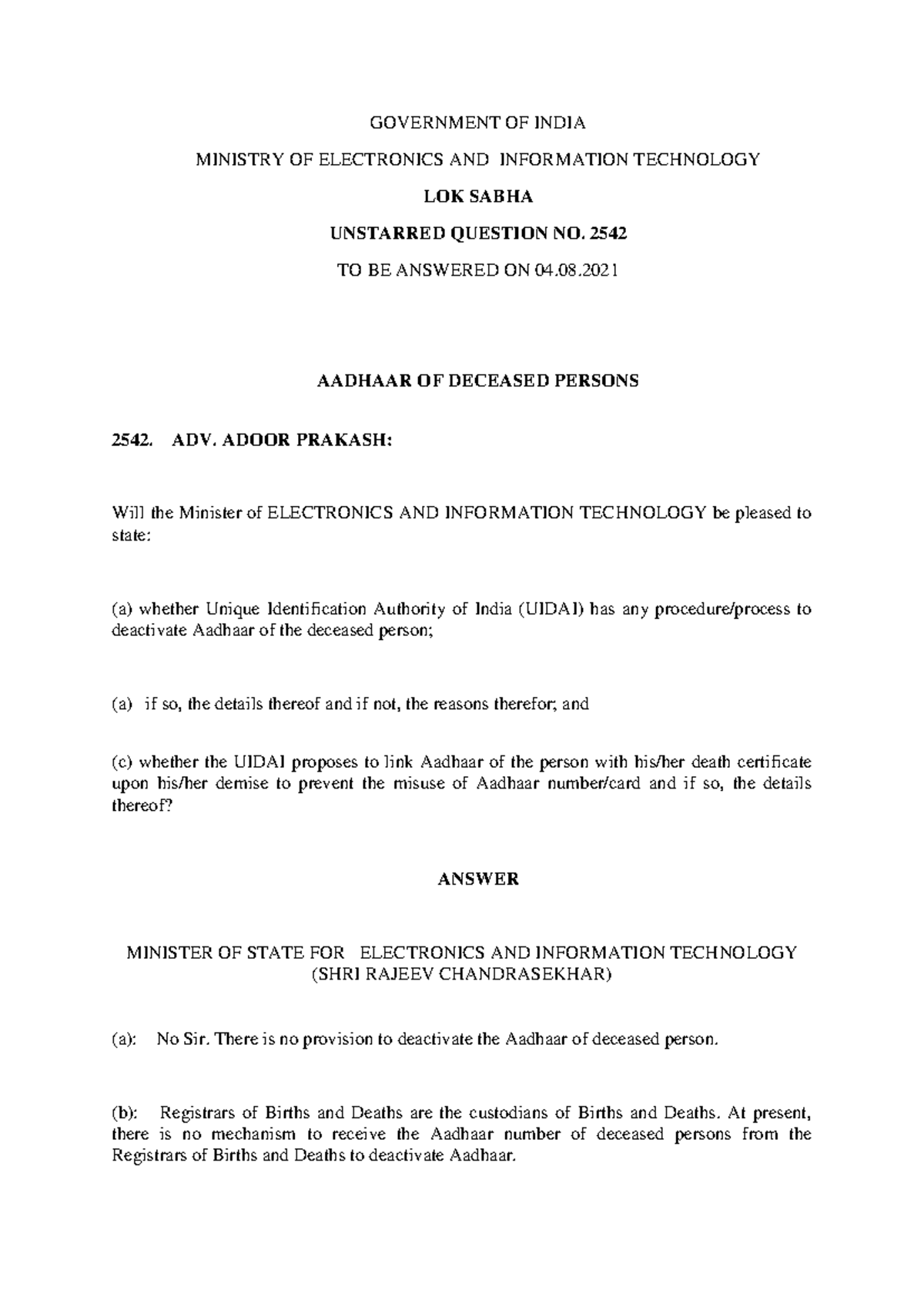 Lok Sabha Unstarred Qn No 2542 answered on 4 8 2021 - GOVERNMENT OF ...