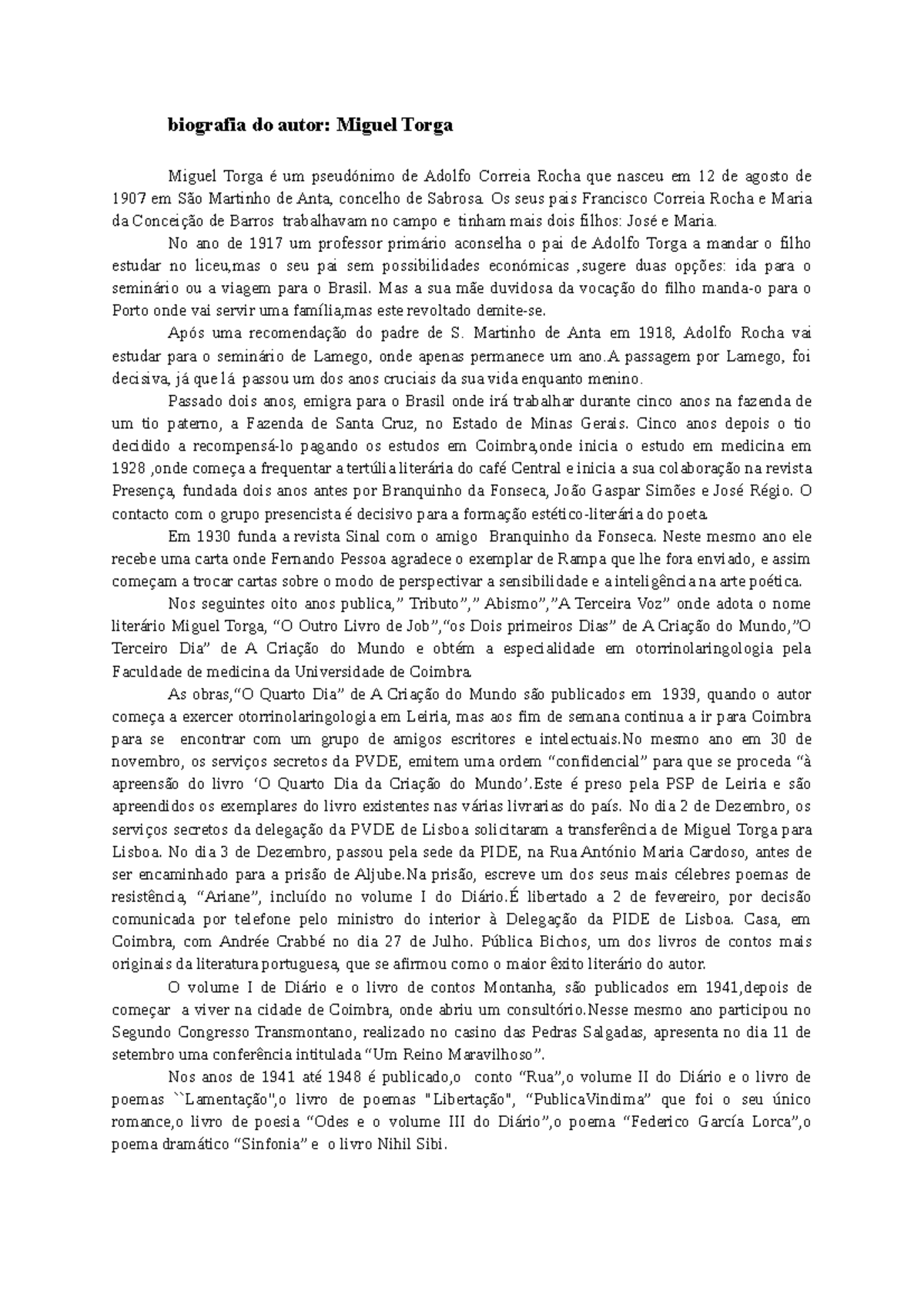 Biografia do autor Miguel Torga - biografia do autor: Miguel Torga ...