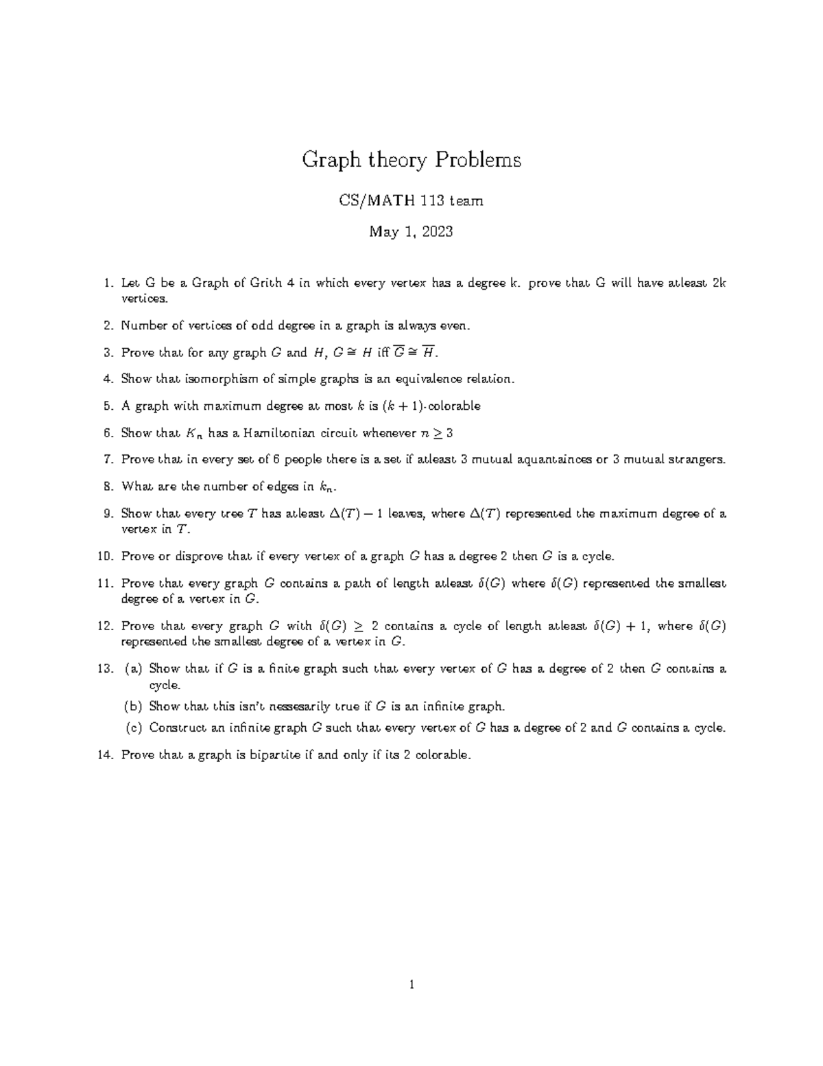 ALL Problem Sets - Graph theory Problems CS/MATH 113 team May 1, 2023 ...