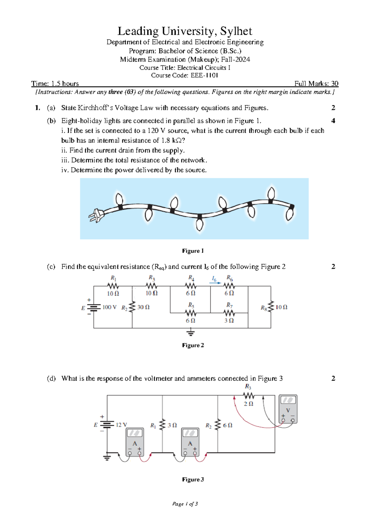 Midterm Examination Question Electrical Circuits I EEE 1101 Fall-2024 (Makeup Exam) - Page 1 of ...