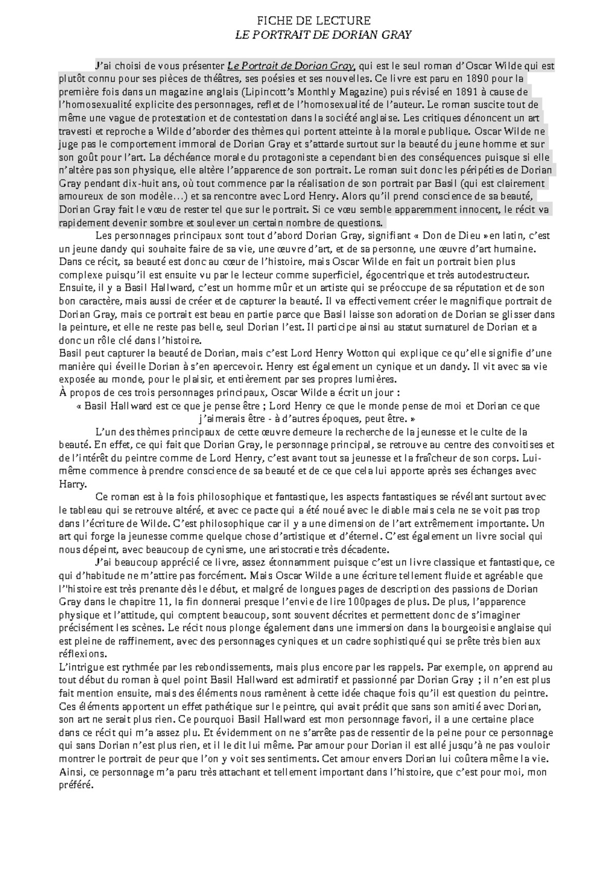 ORAL LE Portrait DE Dorian GRAY - J’ai choisi de vous présenter Le ...