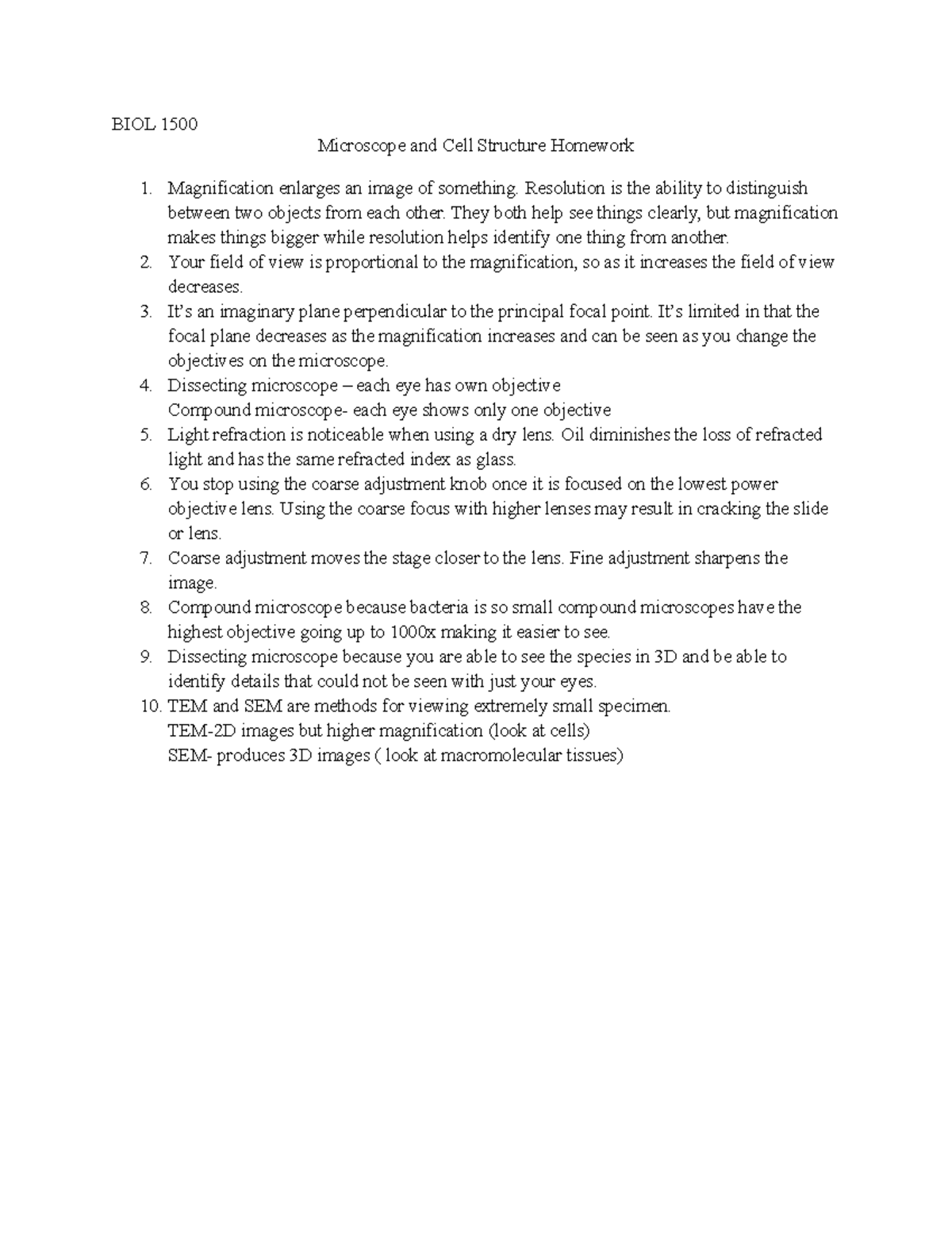 Bio Lab Homework - BIOL 1500 Microscope and Cell Structure Homework ...