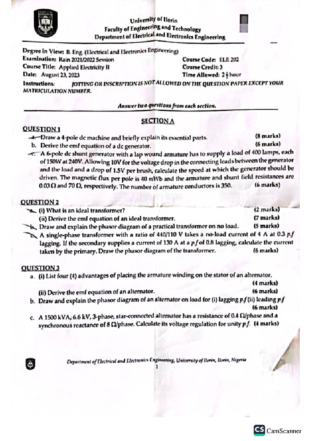 ELE202 EXAM PQ - Good - University of llorin Faculty of Engineering and ...