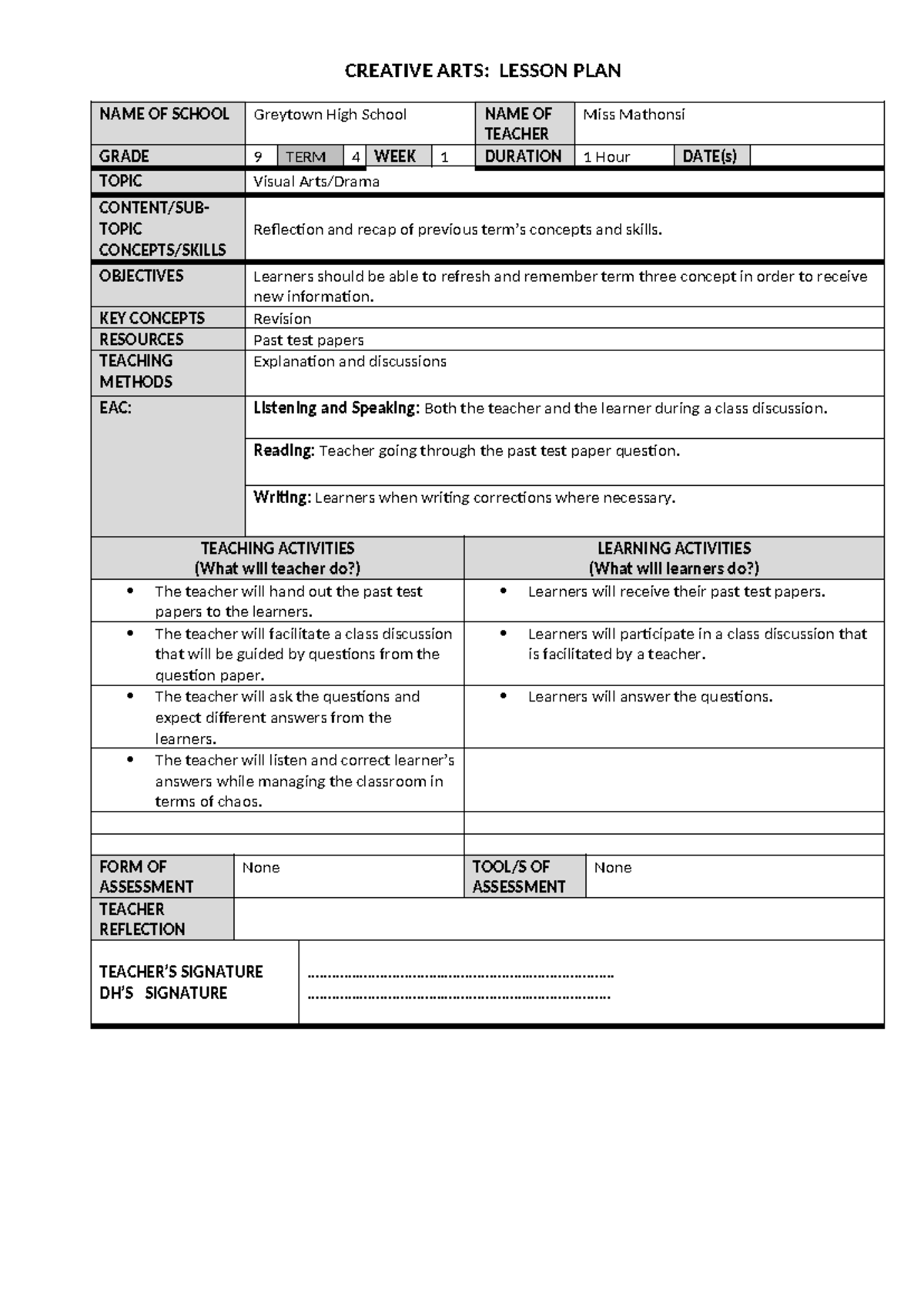 Grade 10 Creative Arts Lesson Plan Number 1 - CREATIVE ARTS: LESSON ...