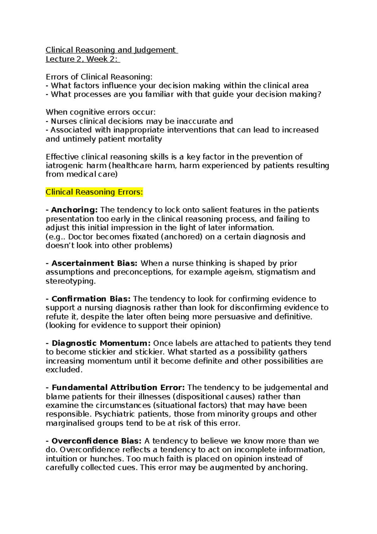 Clinical Reas Lecture WK2 - Clinical Reasoning and Judgement Lecture 2 ...