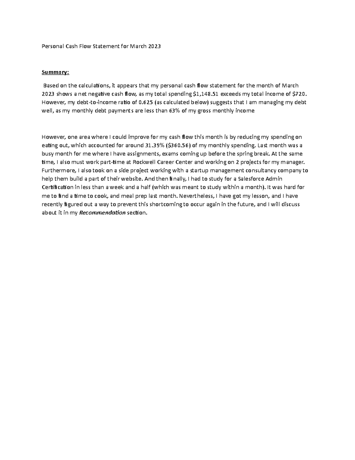 Personal CF Statement Summary - Personal Cash Flow Statement for March ...