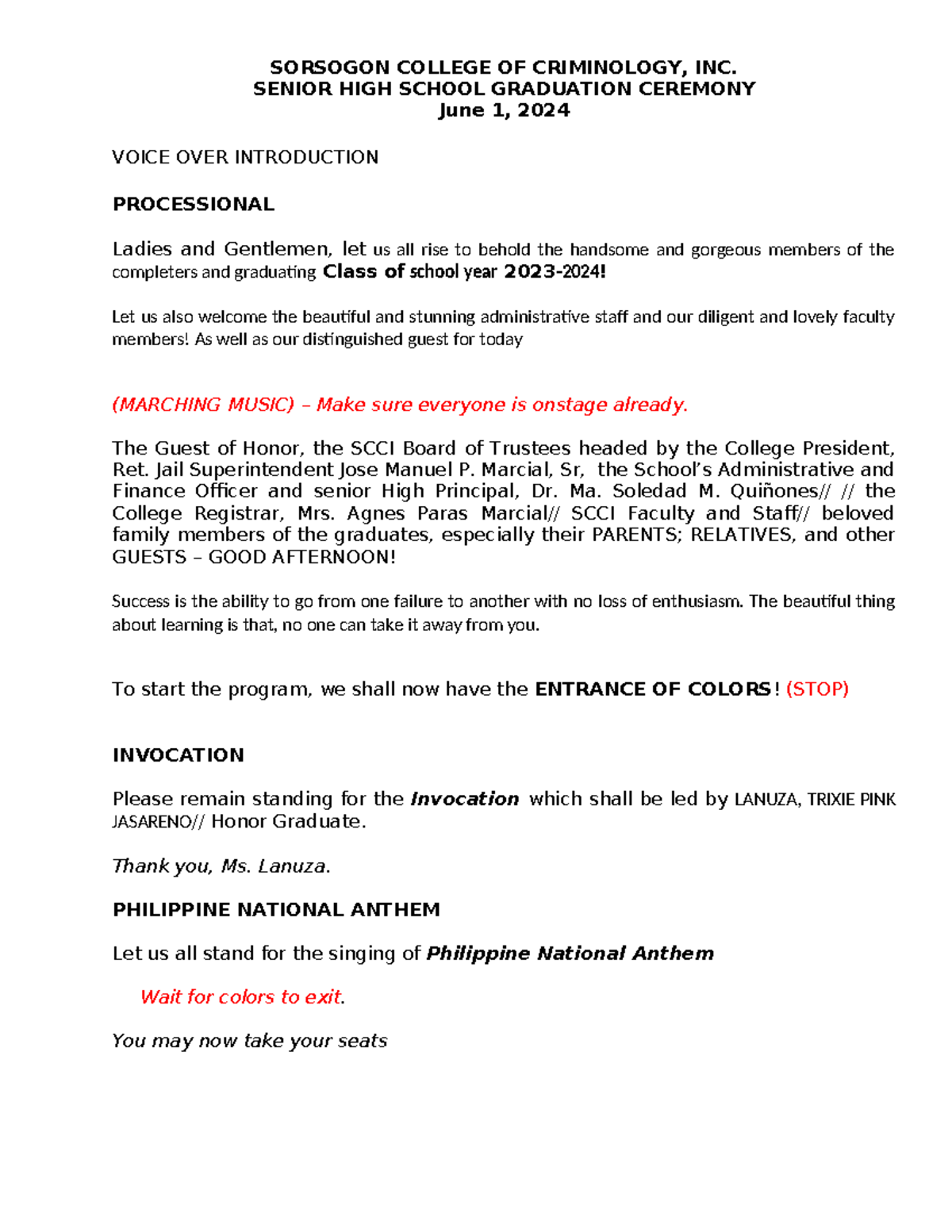 Senior High Graduation Script - SORSOGON COLLEGE OF CRIMINOLOGY, INC ...
