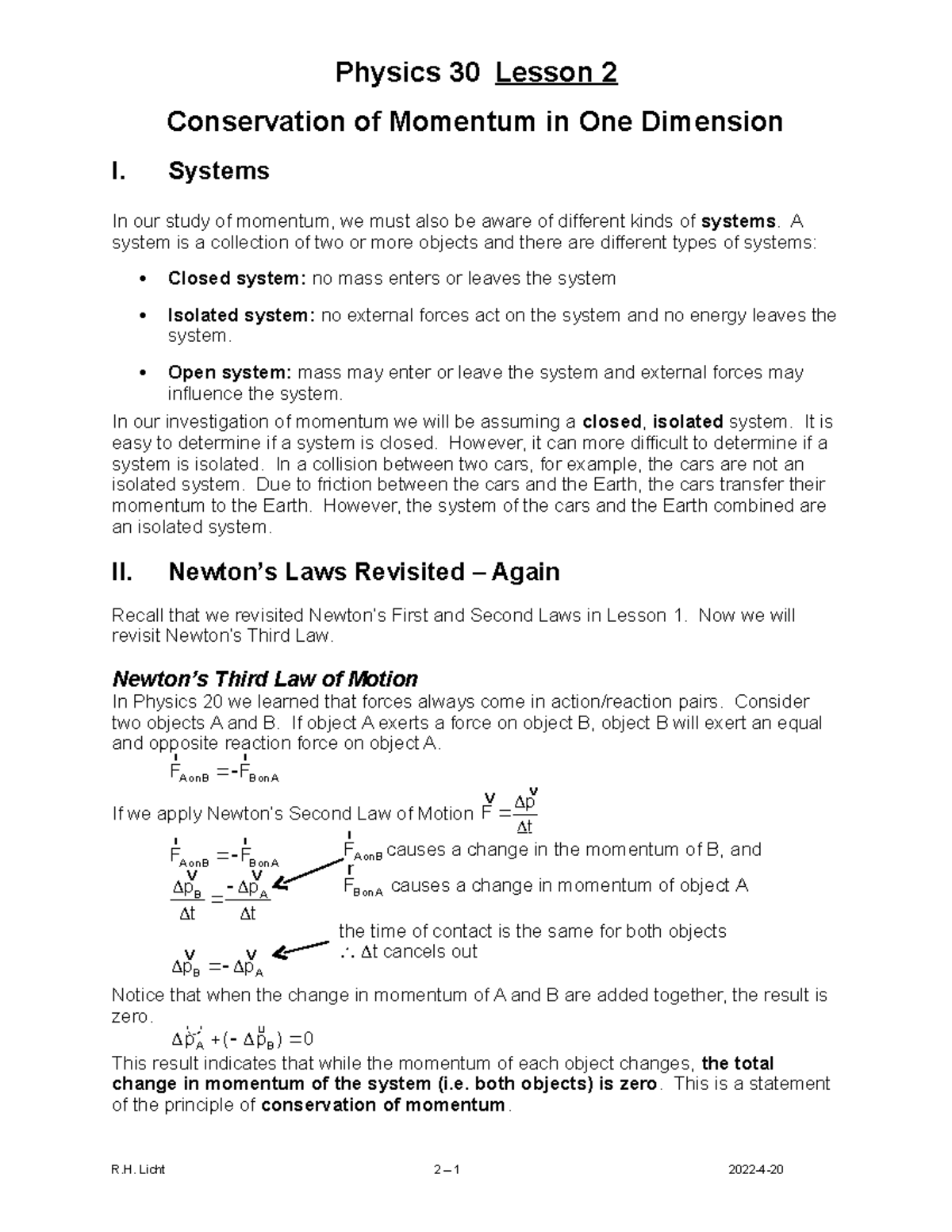 L02Momentumin One Dimension Worksheet Practice - Physics 30 Lesson 2 ...