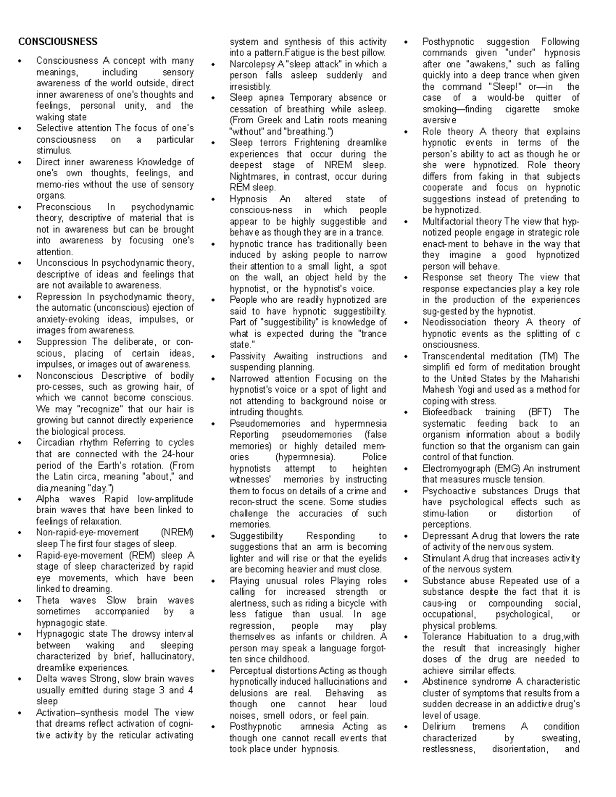 Print PSY Review - Lecture notes 1 - CONSCIOUSNESS Consciousness A ...