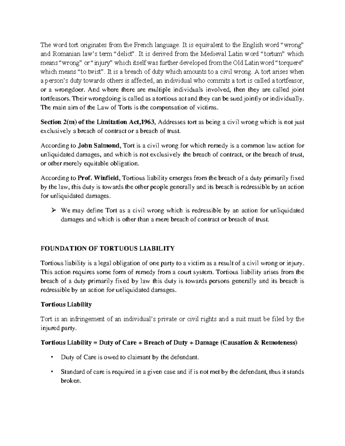 LAW OF TORT (SEM-1) - law of torts notes - The word tort originates ...
